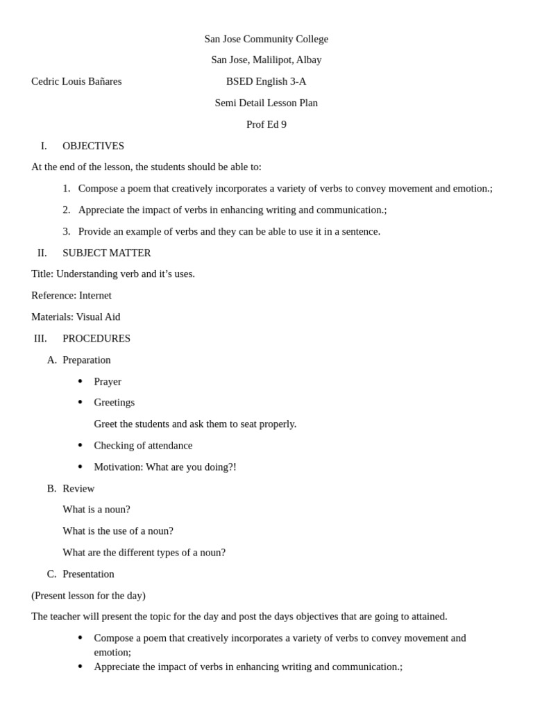 Prof Ed 9 Day 2 Lesson Plan (Verb) | PDF | Verb | Subject (Grammar)