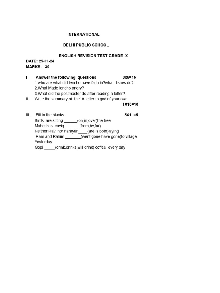 Grade X English Revision Test Guide | PDF