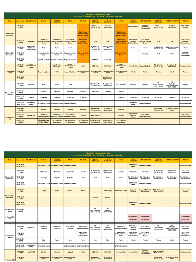 24-25 1. Donem Sinav Takvimi - Hz-9!10!11.Sinif | PDF