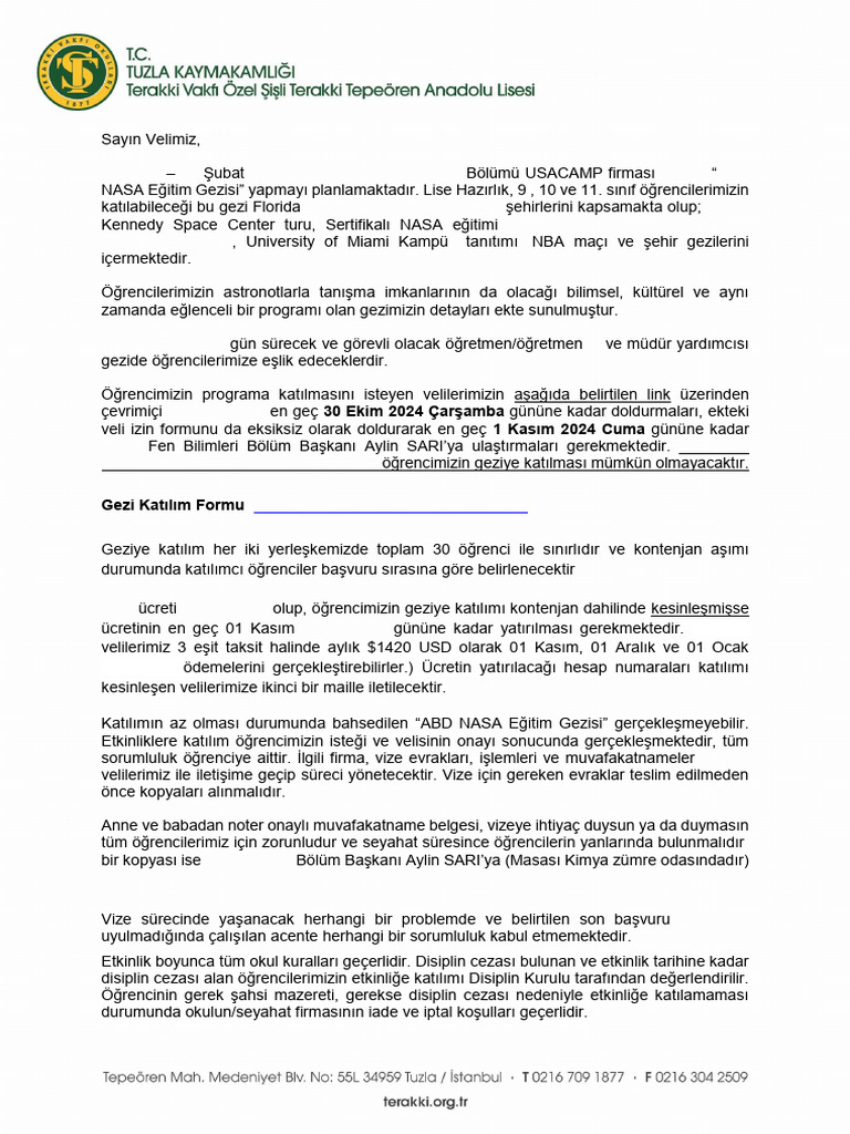 Abd-Nasa Gezisi Veli Bilgilendirme Mektubu | PDF