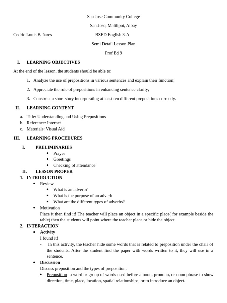 Prof Ed 9 Day 5 Lesson Plan(Preposition) | PDF | Adverb | Semantic Units