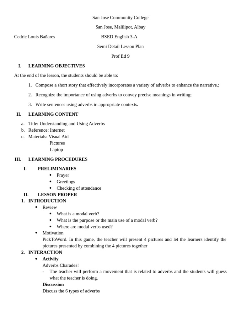 Prof Ed 9 Day 4 Lesson Plan (Adverb) | PDF | Adverb | Grammar