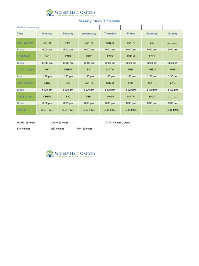 Weekly Study Timetable Secondary Template | PDF