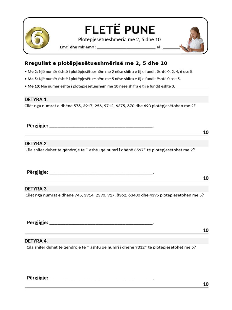 114.fletë Pune-Plotëpjesëtueshmëria Me 2, 5 Dhe 10 | PDF