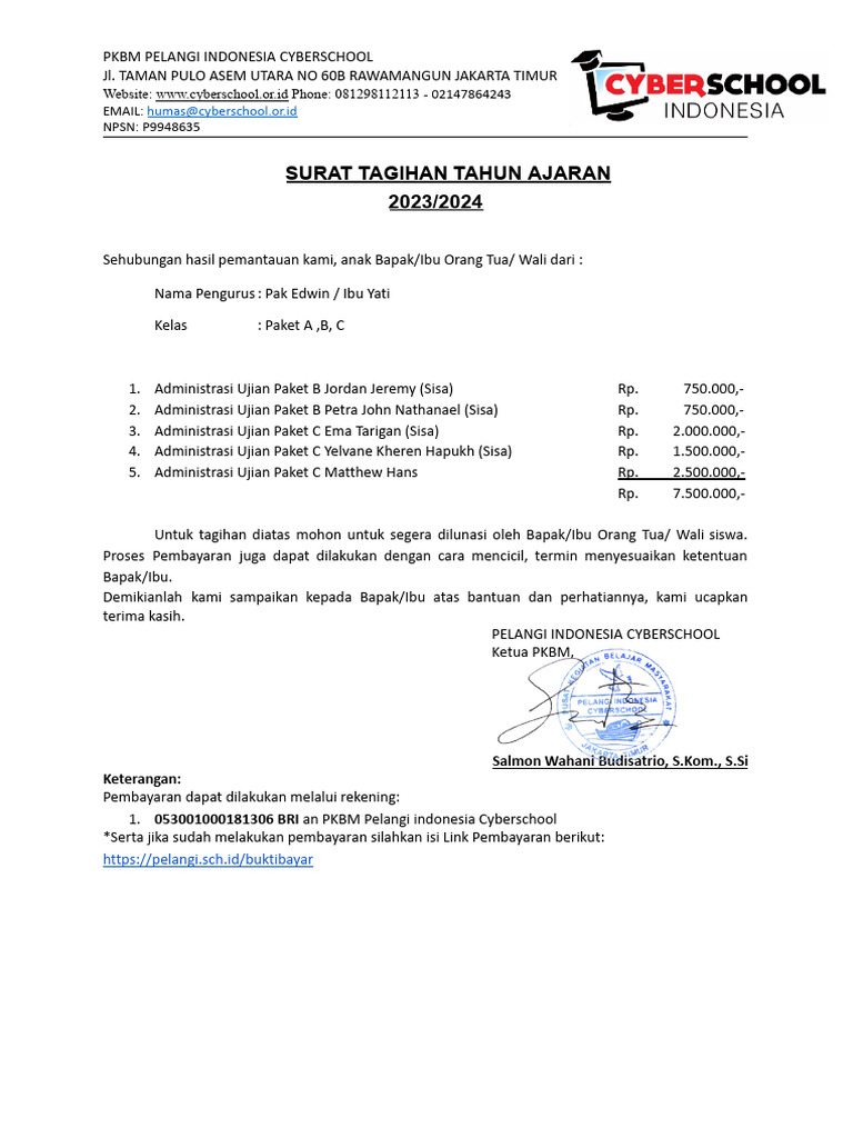 Surat Tagihan Siswa Ibu Yati - 2023 - 2024 | PDF