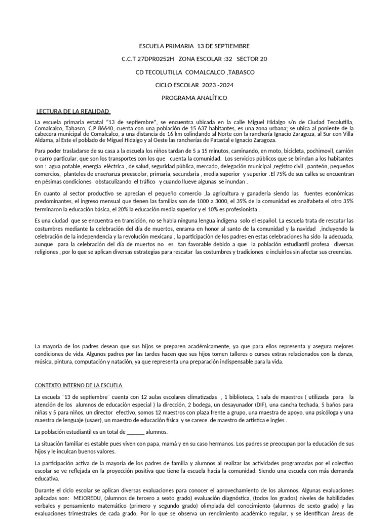 Programa Analitico Cuarto Grado 2024 | PDF | Aprendizaje | Narración