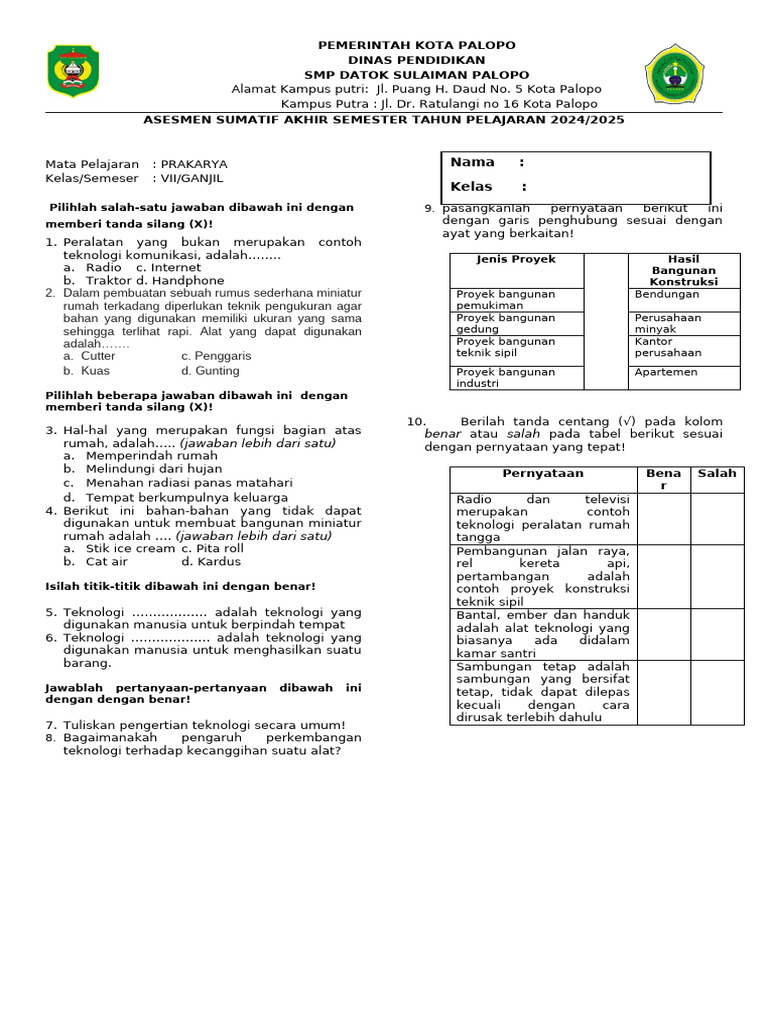 Layout Soal Asas PK Kls 7 Ganjil 2024 | PDF