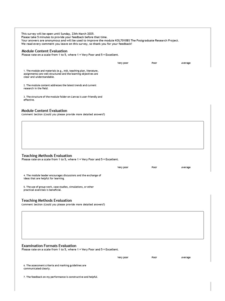 Module KOL7010BS Feedback Survey | PDF | Teaching Method | Evaluation