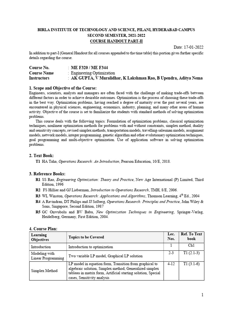 Me F320 Engineering Optimization - Handout | PDF | Mathematical Optimization | Linear Programming