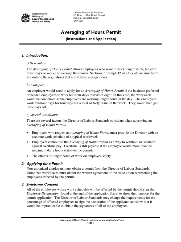 Averaging Hours Permit Application | PDF | Overtime | Employment