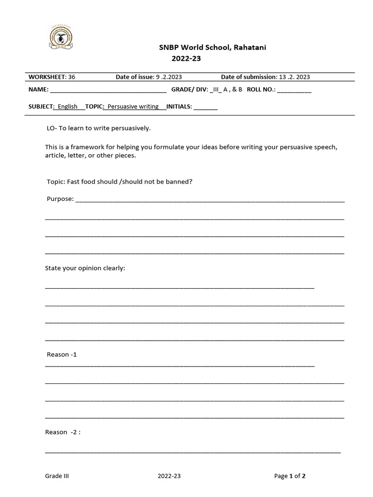 Grade III Persuasive Writing Worksheet | PDF | Human Communication