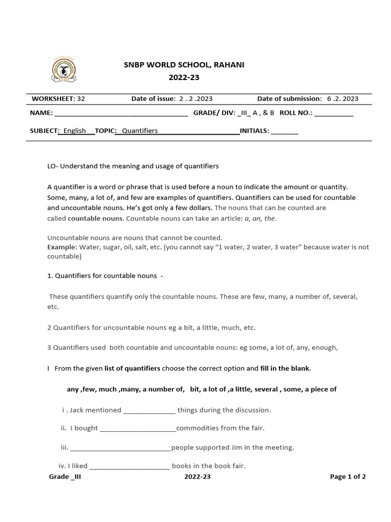 English - Grade 3 - Quantifiers 32 | PDF | Noun | Quantity