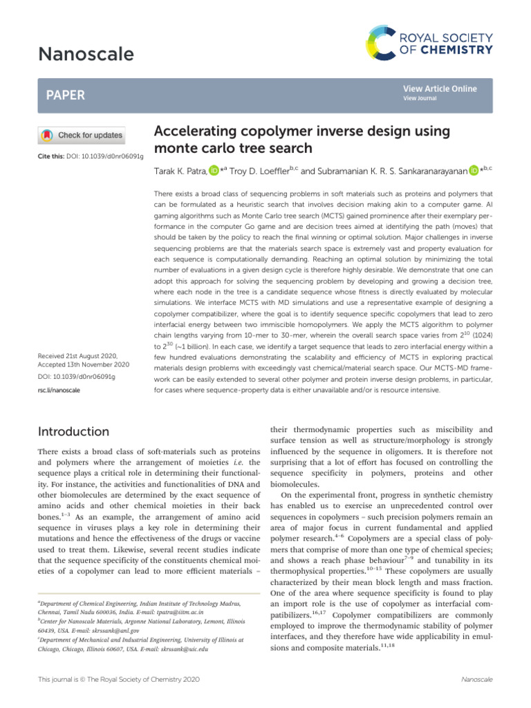 Patra Et Al. - 2020 - Accelerating Copolymer Inverse Design Using Monte | PDF | Copolymer | Polymers