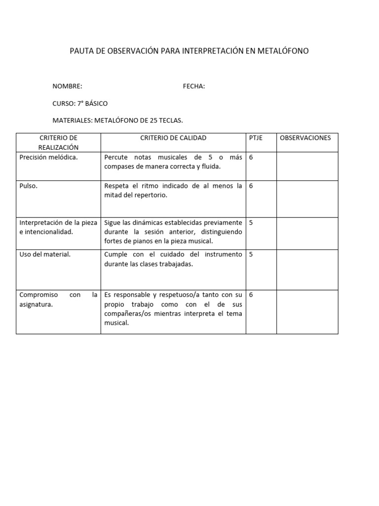 Pauta de Observación | PDF