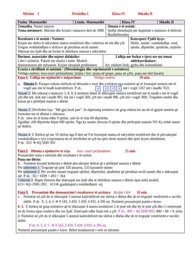 Planifkimi i Oreve - Matematika 4 - Periudha e Pare | PDF