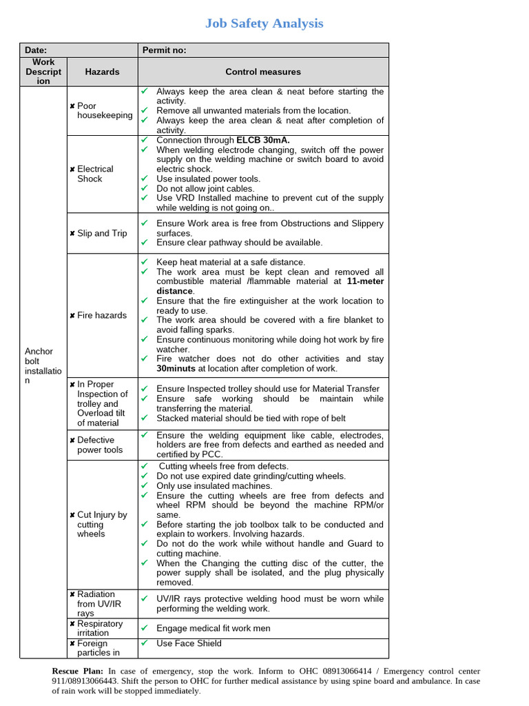 JSA - Hot Work For Anchor Bolt Installation | PDF | Personal Protective Equipment | Welding