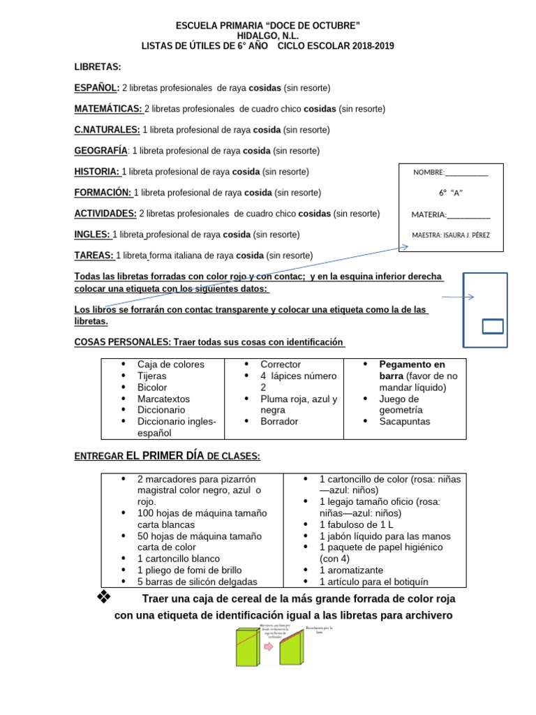Lista de Utiles Sexto Grado 2017-2018 Doce de Octubre | PDF