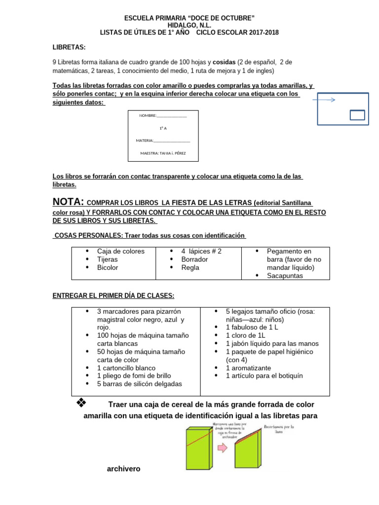 Lista de Utiles Primero Grado 2017-2018 Doce de Octubre | PDF | Papelería