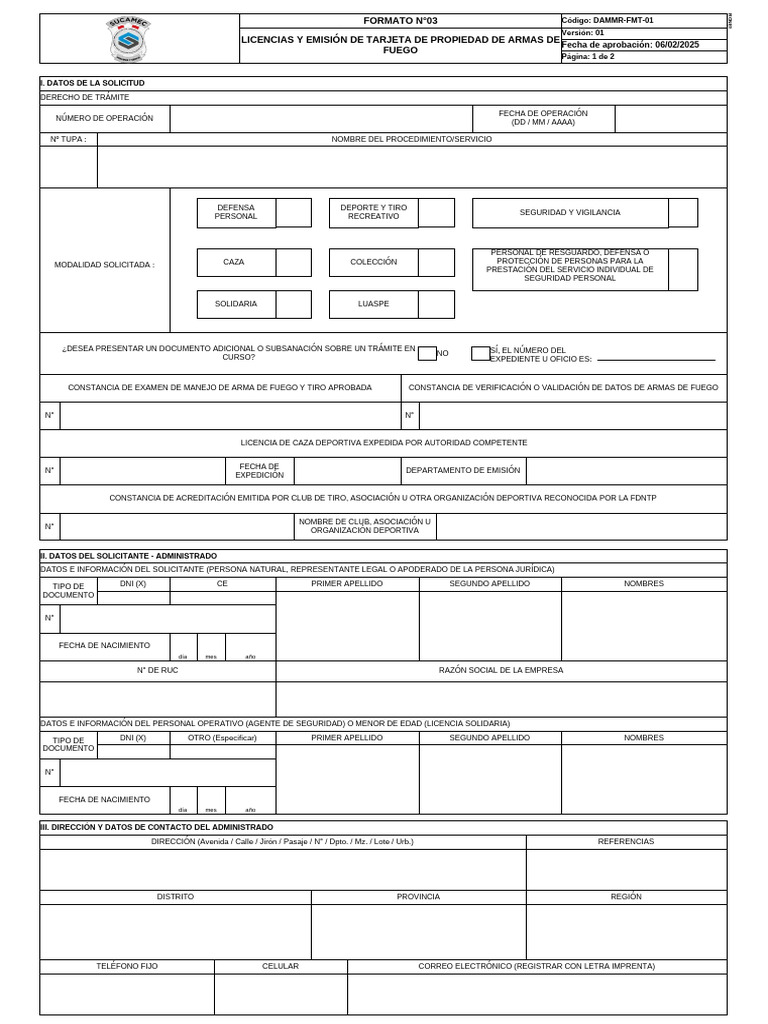 Formato N 03 Licencias y Emision de Tarjetas de Propiedad de Armas de Fuego Dammr | PDF