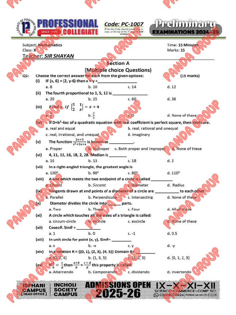 Class X Preliminary Papers 2025 (PANDA GROUP) | PDF