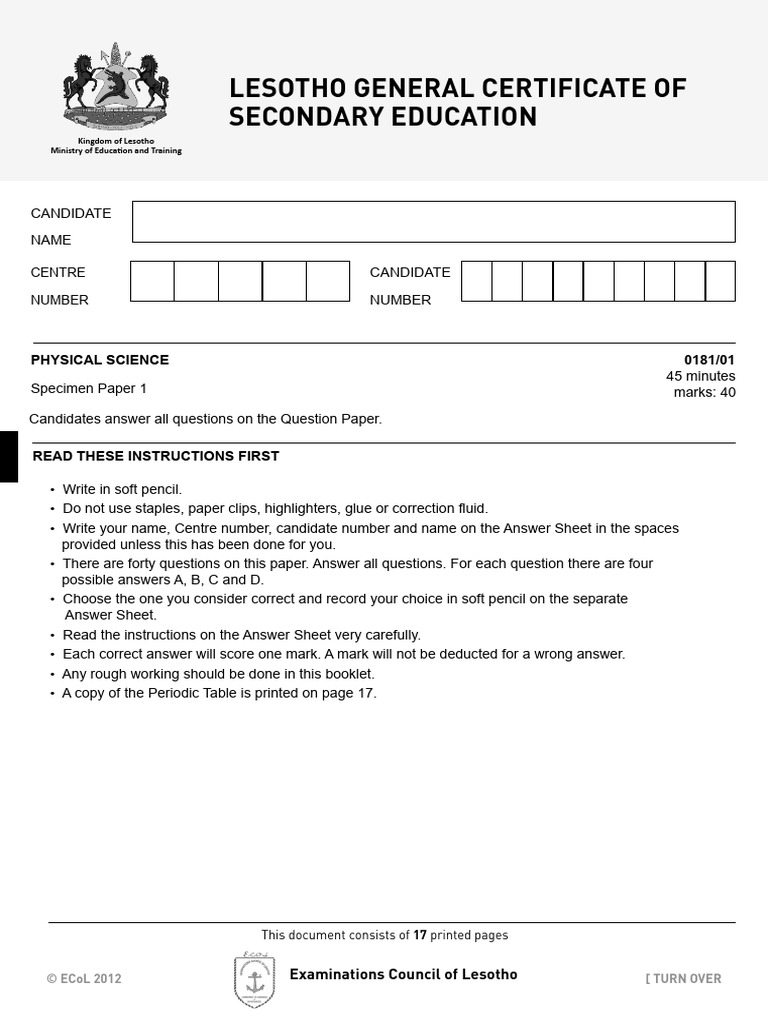 LGCSE Physical Science Paper 1 | PDF | Atoms | Metals