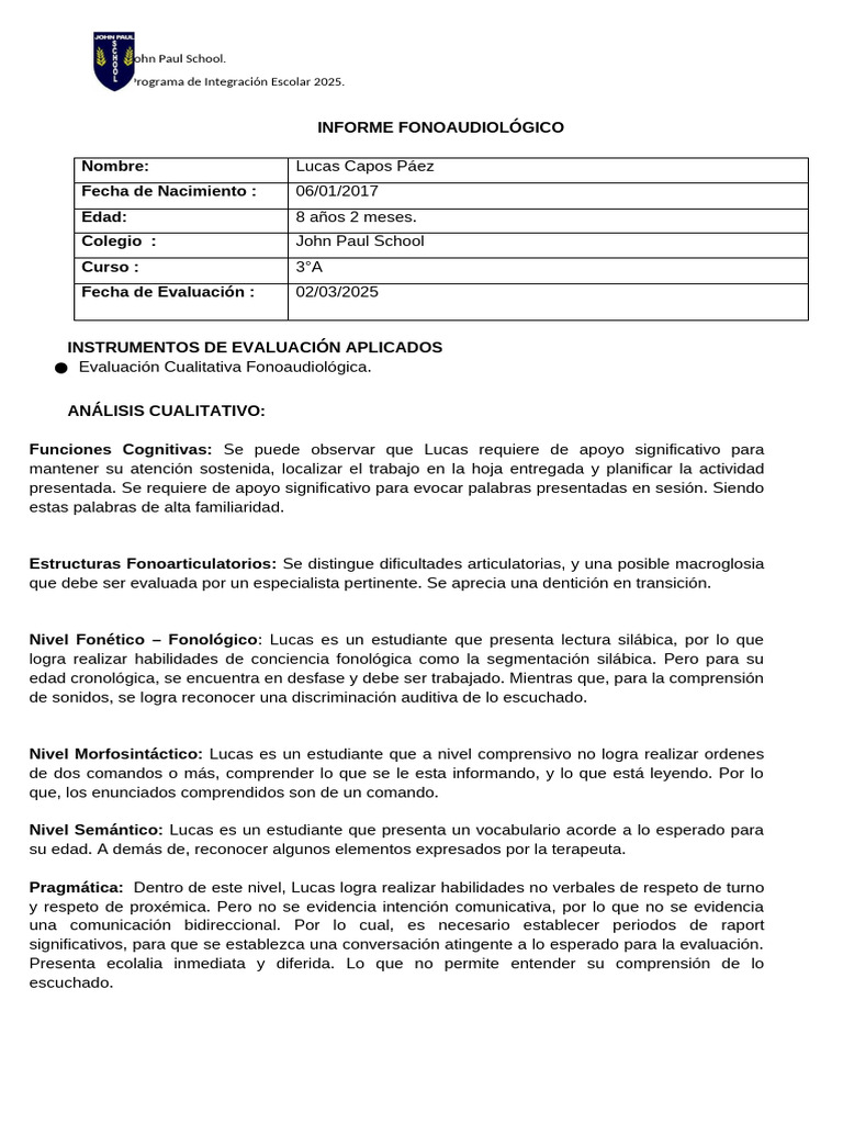 Informe Fonoaudiologico TEA | PDF | Autismo | Aprendizaje