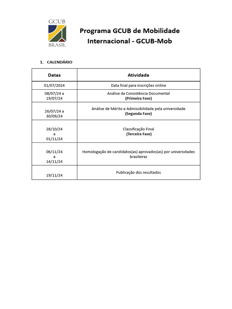 Calendário do Programa GCUB-Mob 2024 | PDF