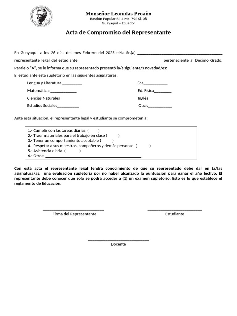 Acta de Compromiso para El Representante | PDF
