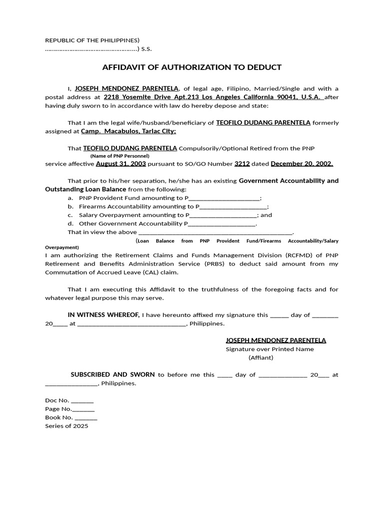 AFFIDAVIT OF AUTHORITY TO DEDUCT Final | PDF