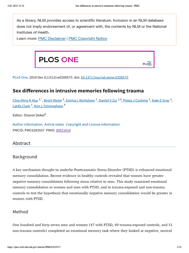 Sex Differences in Intrusive Memories Following | PDF | Memory | Recall ...