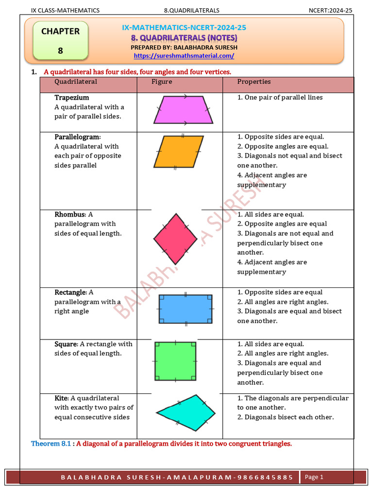 Class 9 Maths: Quadrilaterals Notes | PDF | Rectangle | Perpendicular