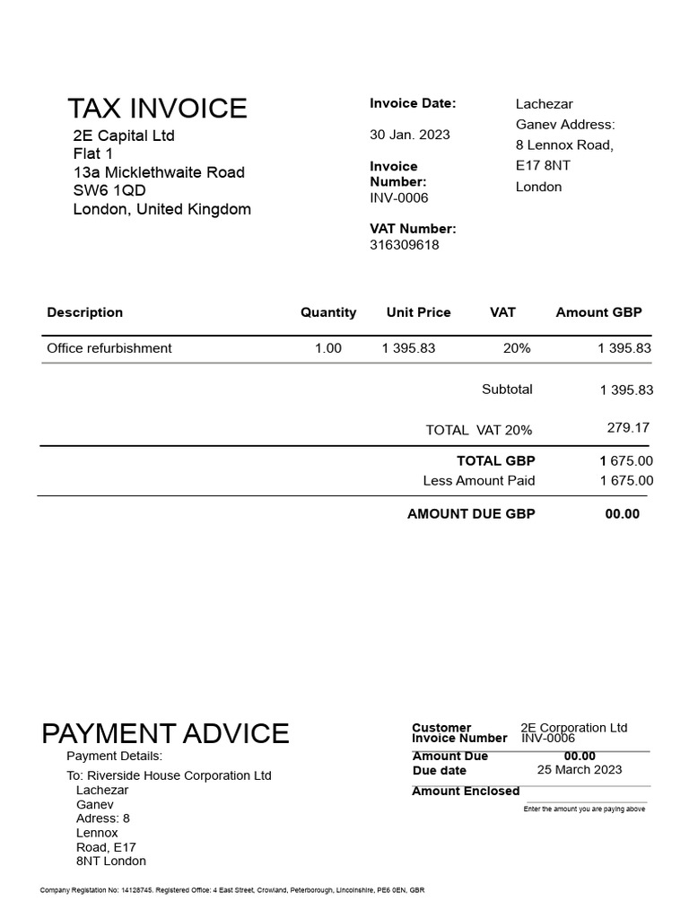 Tax Invoice for Office Refurbishment | PDF | Invoice | Money