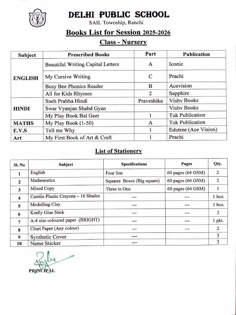 DPS Ranchi Nursery Book List 2025-26 | PDF