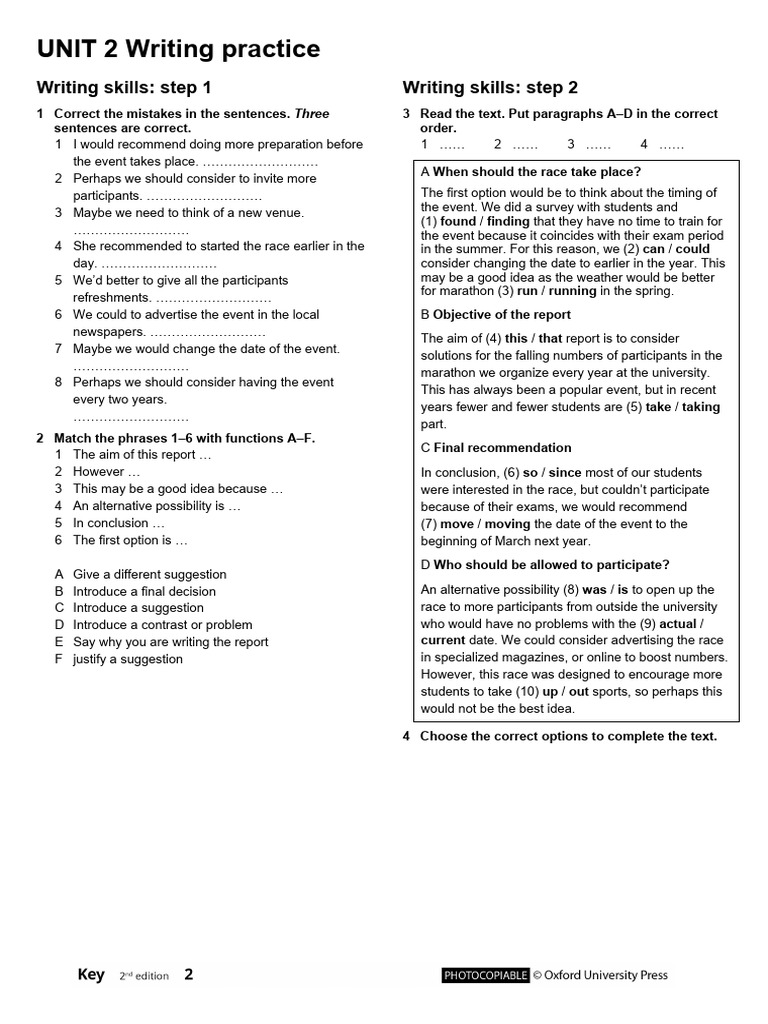 Key2e L2 Worksheets Writing Unit 2 | PDF