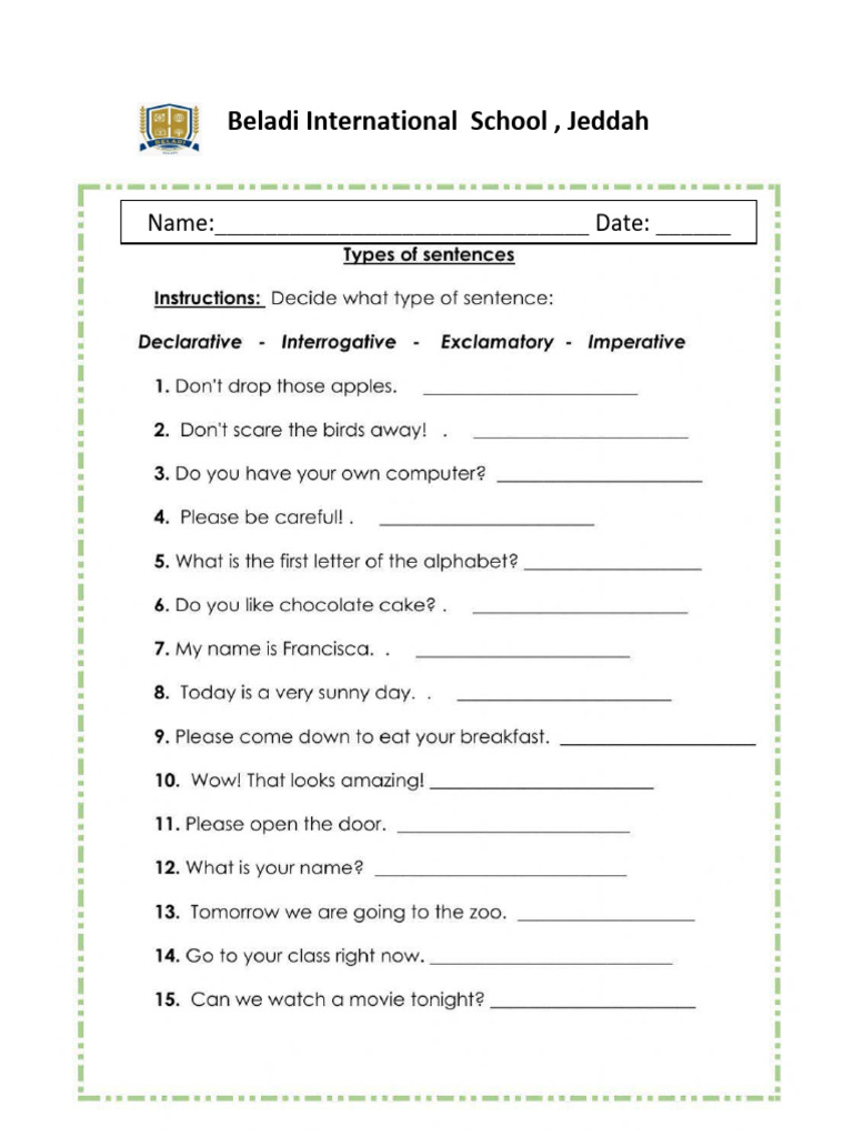 G 5 Worksheet Kind of Sentences | PDF