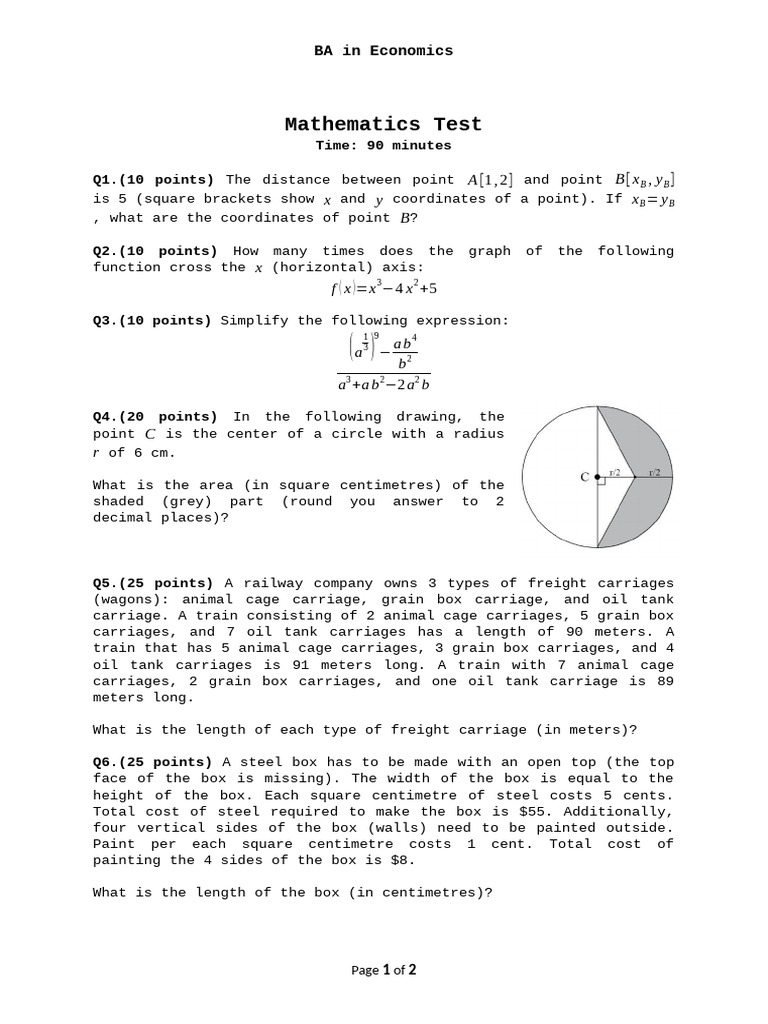 Economics Mathematics Test Questions | PDF