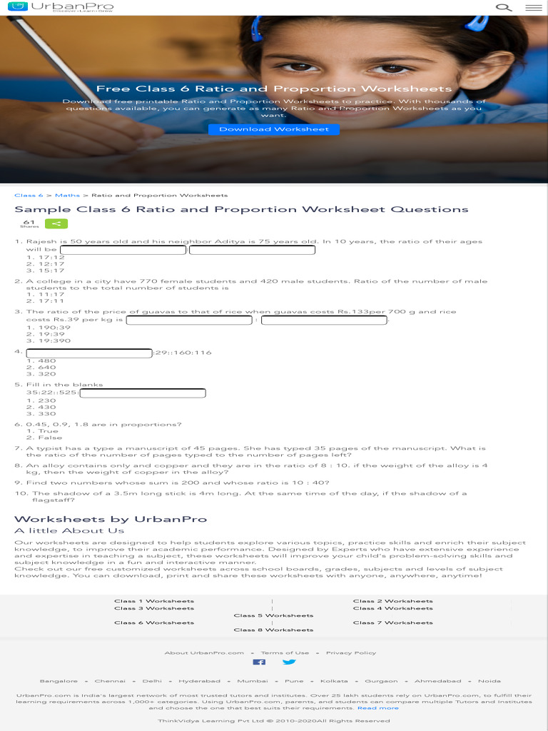 Free Class 6 Ratio Worksheets | PDF