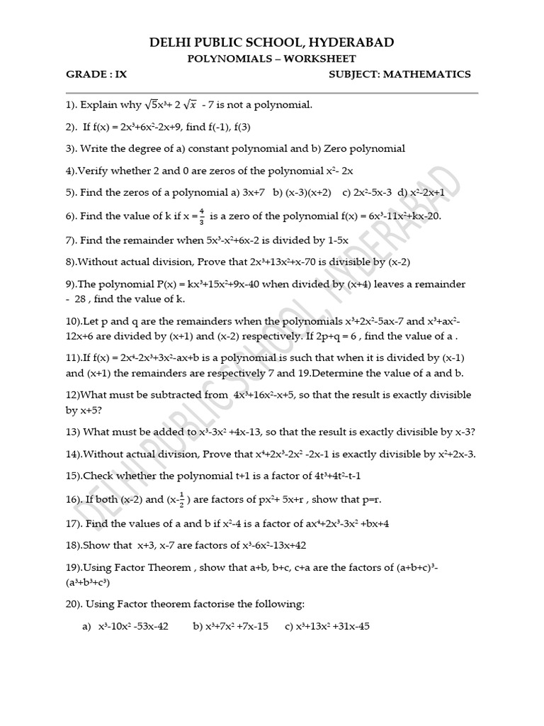 Class9 Math June Polynomials | PDF | Factorization | Polynomial