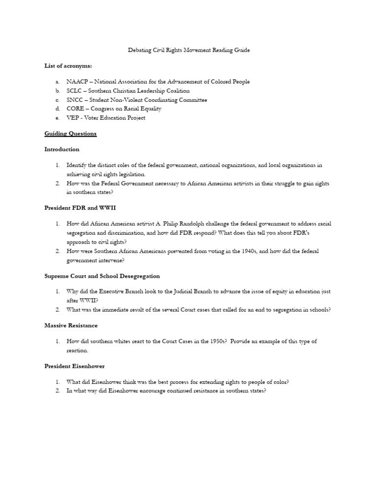 Debating Civil Rights Movement Reading Guide Questions | PDF