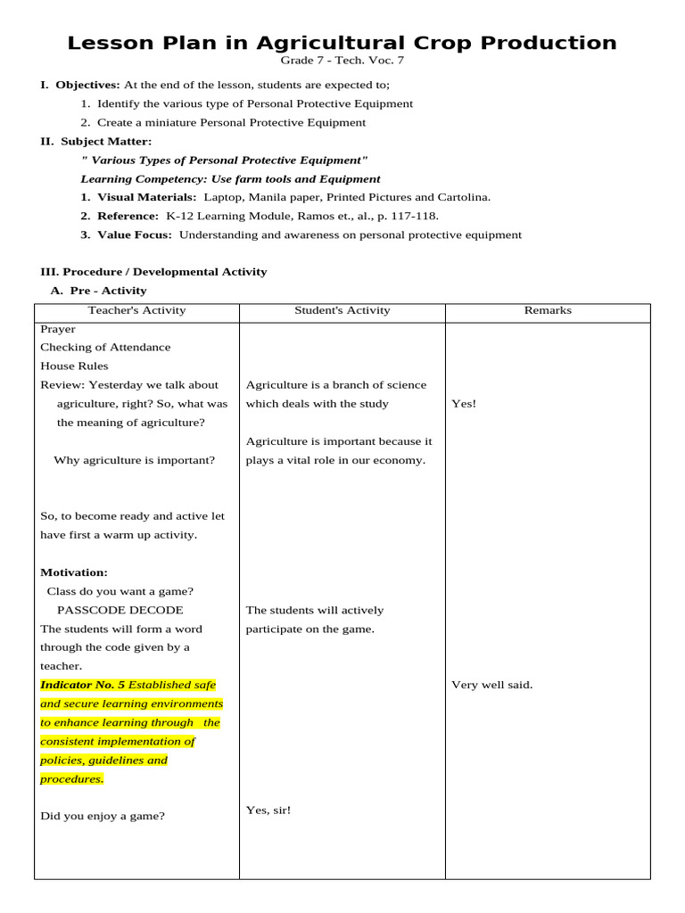 Lesson Plan For AGRI CROPS | PDF | Learning | Personal Protective Equipment