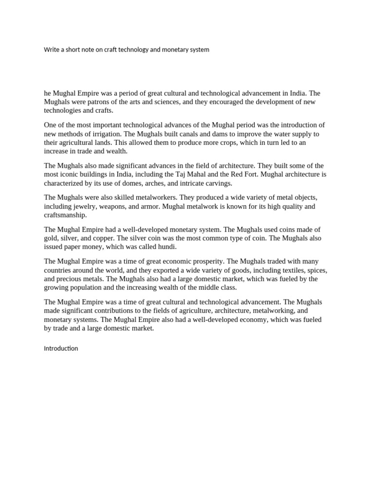 Write A Short Note On Craft Technology and Monetary System | PDF ...