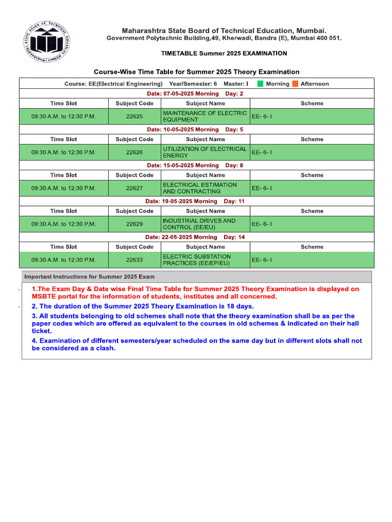 Semester 6 Time Table EE | PDF