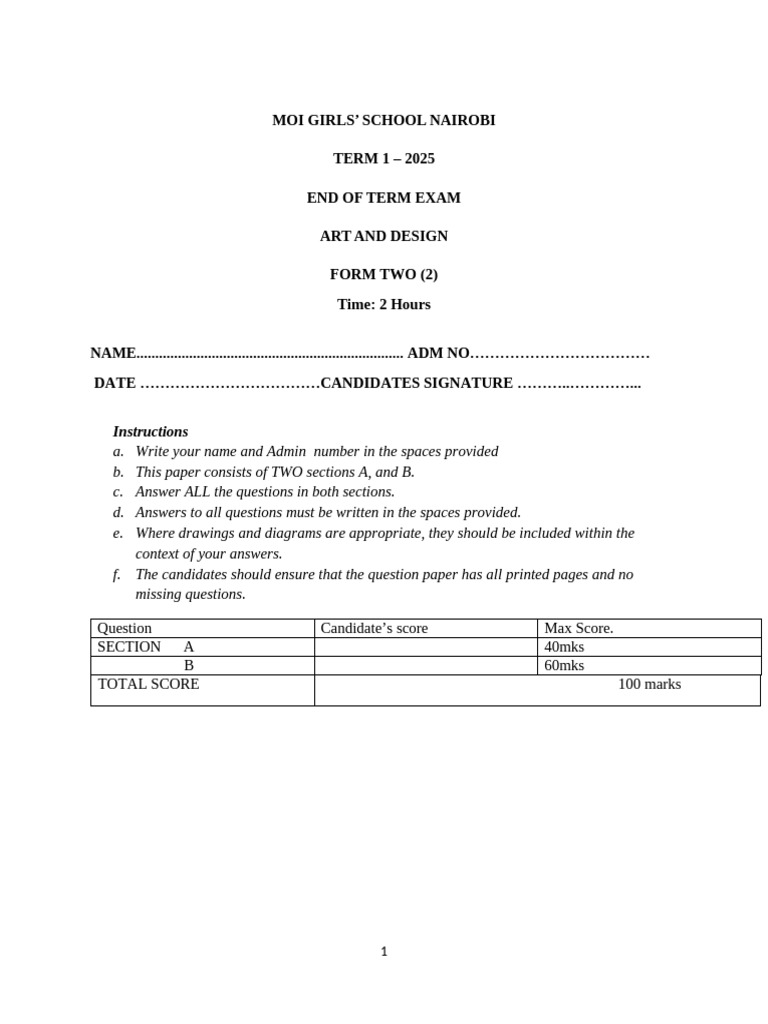 Form 2 Art and Design End Term 1 Exam Edited | PDF