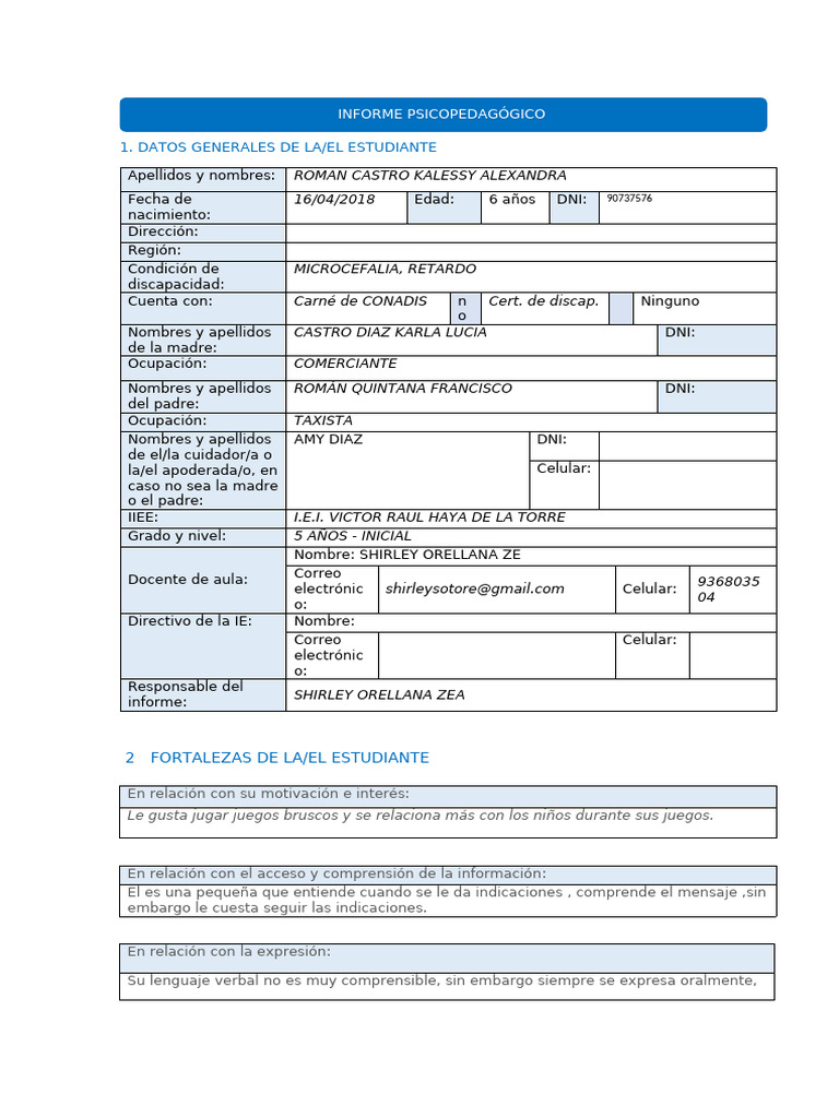 Esquema Informe Psicopedagógico Kalessy Roman | PDF