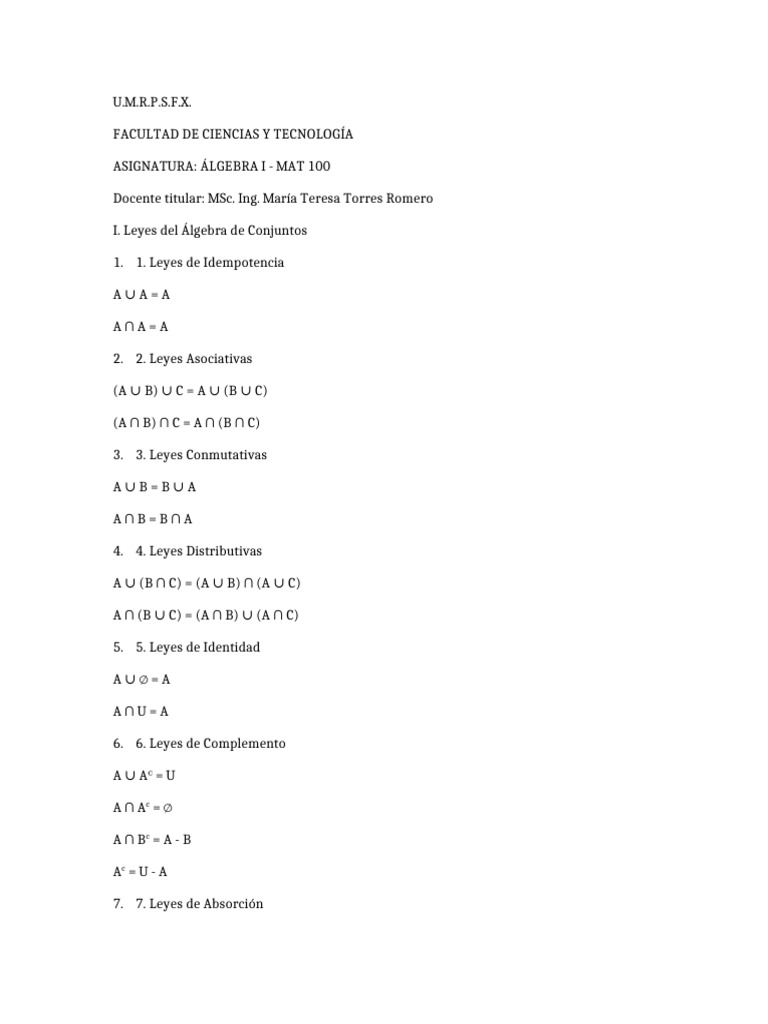 Leyes Algebra Conjuntos | PDF