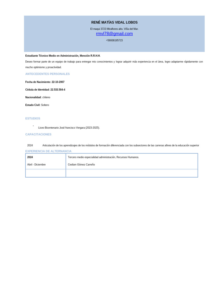 Currículum Matias Vidal 4°B | PDF