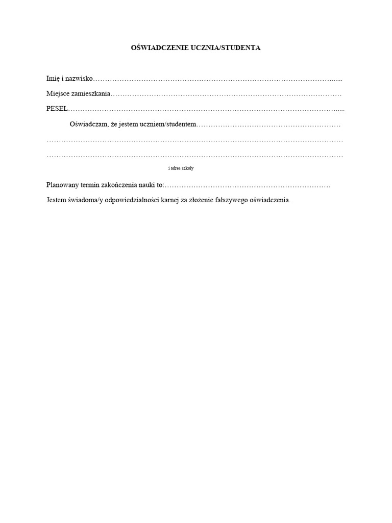 Oswiadczenie Ucznia-Studenta | PDF