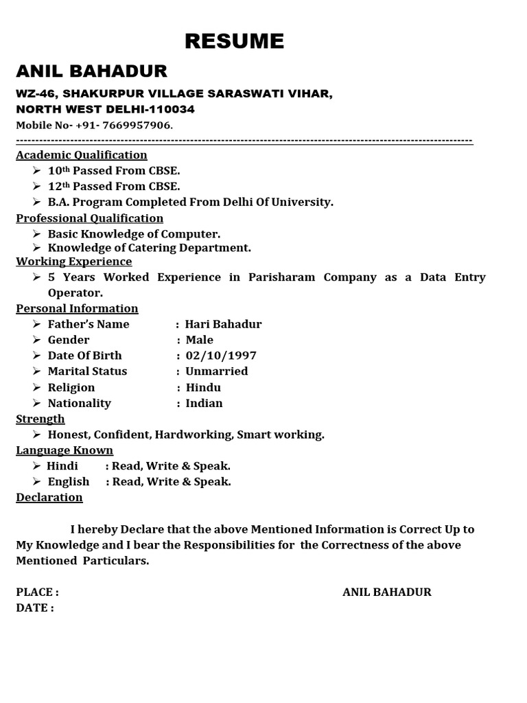 Anil Bahadur Resume | PDF