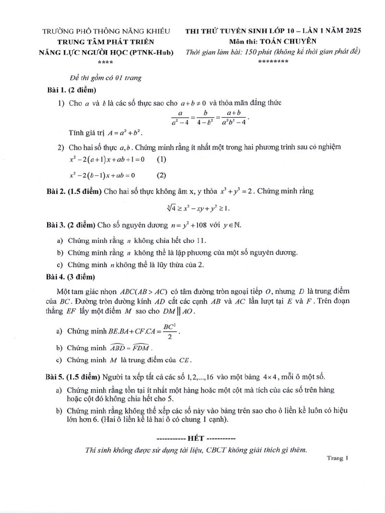 Thi Thu Lan 1 2025 de Thi Toan Chuyen 1600 PDF.gdrive.vip | PDF