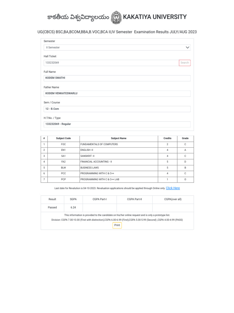 Ug (CBCS) BSC, Ba, Bcom, Bba, B.voc, Bca II, IV Semester Examination Results July - Aug 2023 | PDF